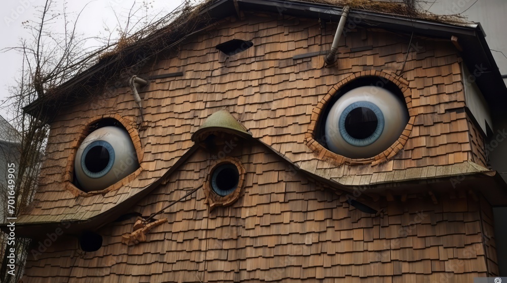 Very old shabby building with eyes. Real house emoticon. Emoji ...