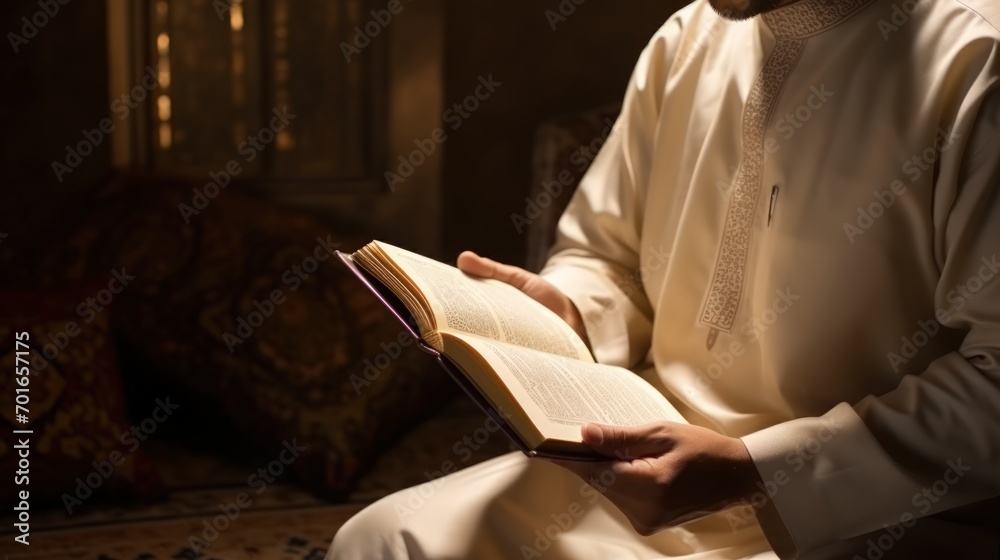 Portrait a man reading a Holy Quran in arabic text in mosque. Generate ...