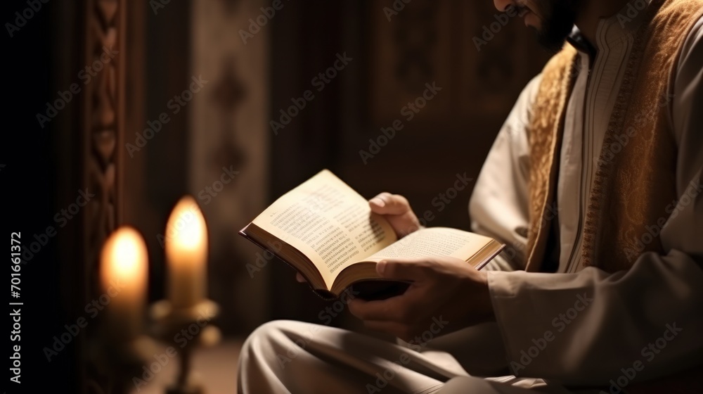 Portrait a man reading a Holy Quran in arabic text in mosque. Generate ...