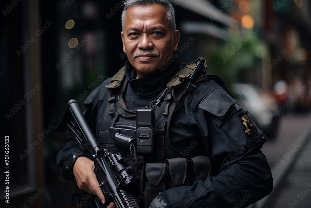Portrait of a security guard holding a assault rifle in a city Stock ...