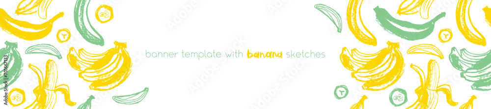 Vector bananas banner template with sketch bananas seamless pattern ...