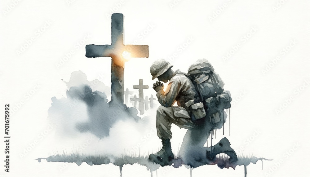 Christian soldier praying with cross in the background. Christian ...