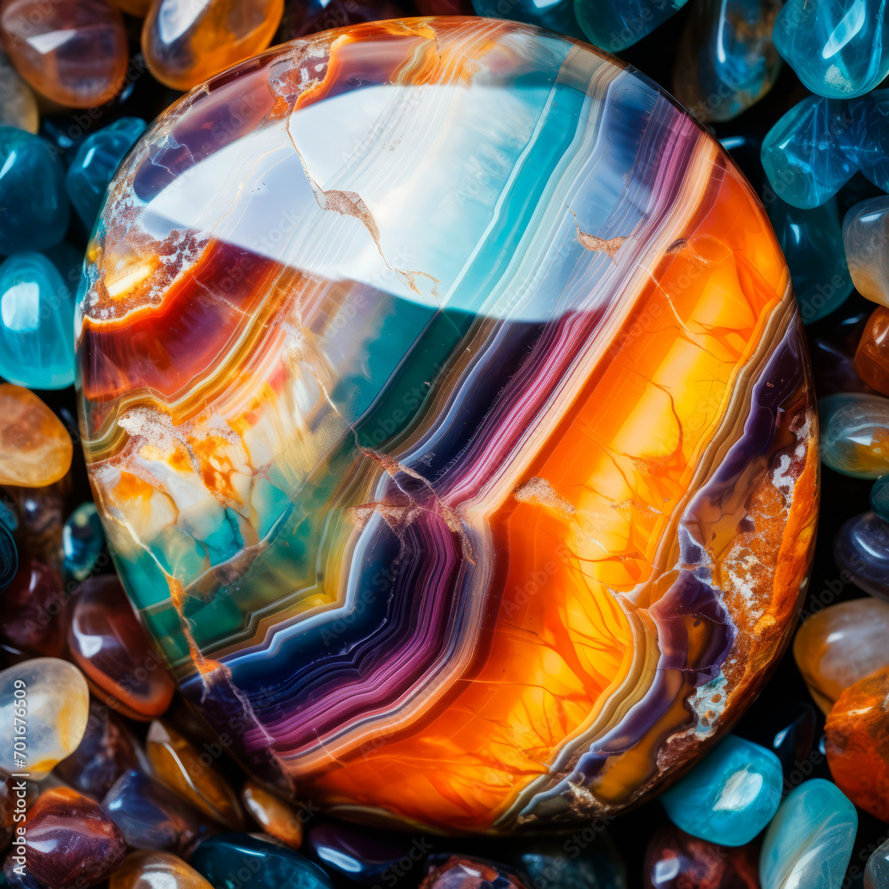 Macro shot of exquisite polished agate, with a complex pattern of bands ...
