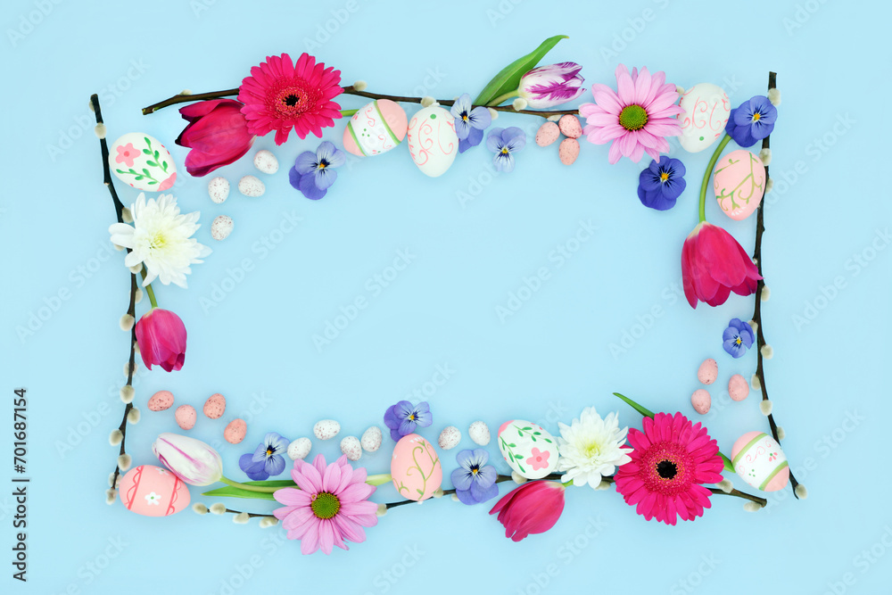 Happy Easter background border with edible and decorative eggs, flowers ...