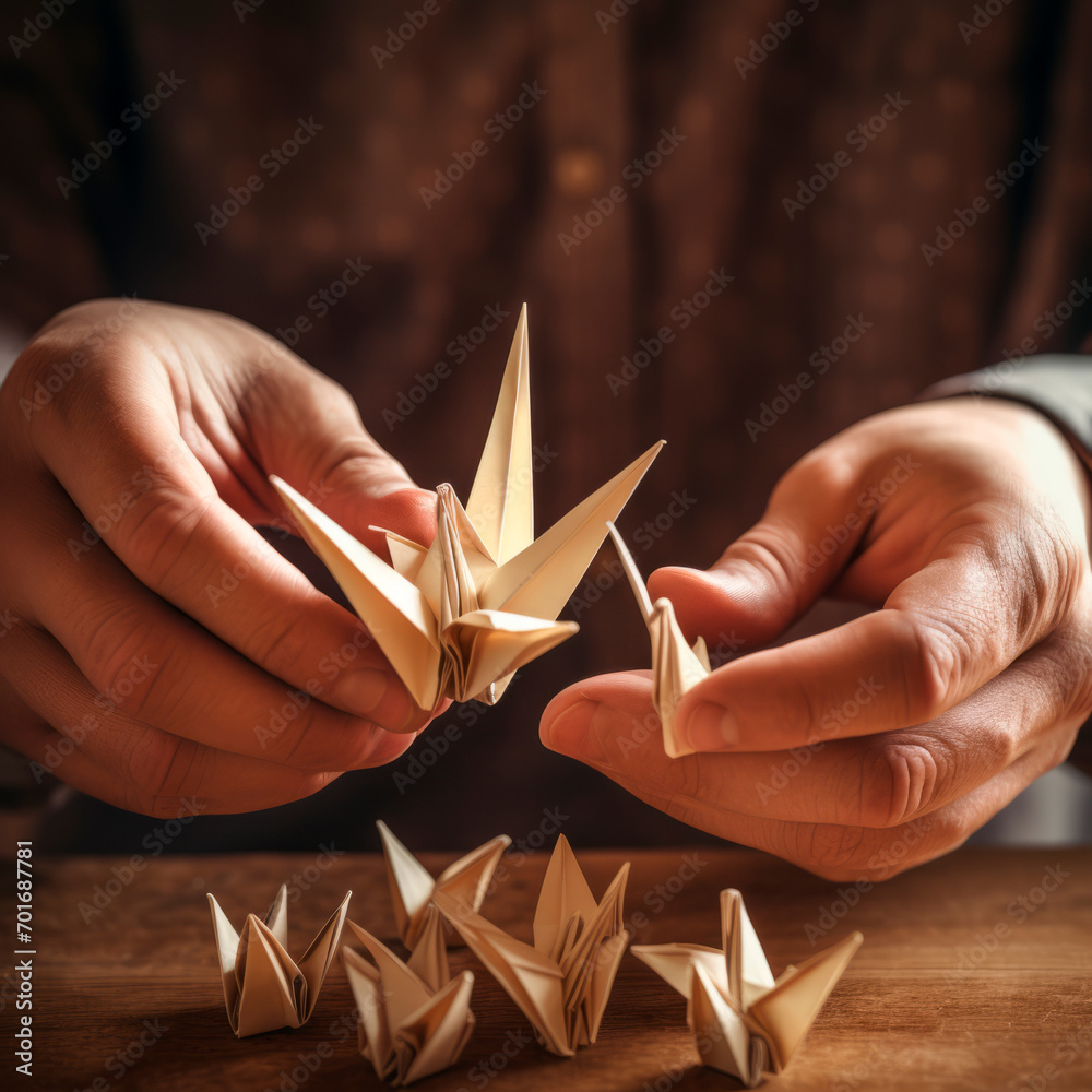 Men's hands fold paper crane shapes. The Japanese art of origami. A ...