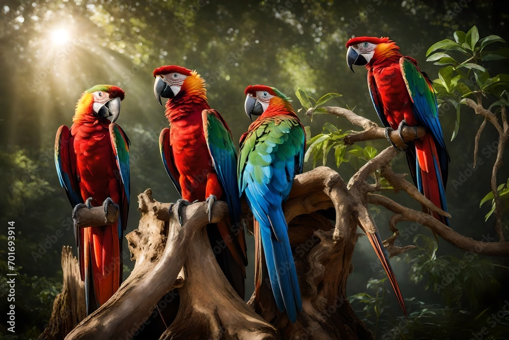 Amidst the serenity of a secluded Caribbean cove, two exotic macaws ...