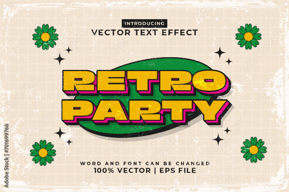 Editable text effect Retro Party 3d 70s style premium vector Stock Vector | Adobe Stock