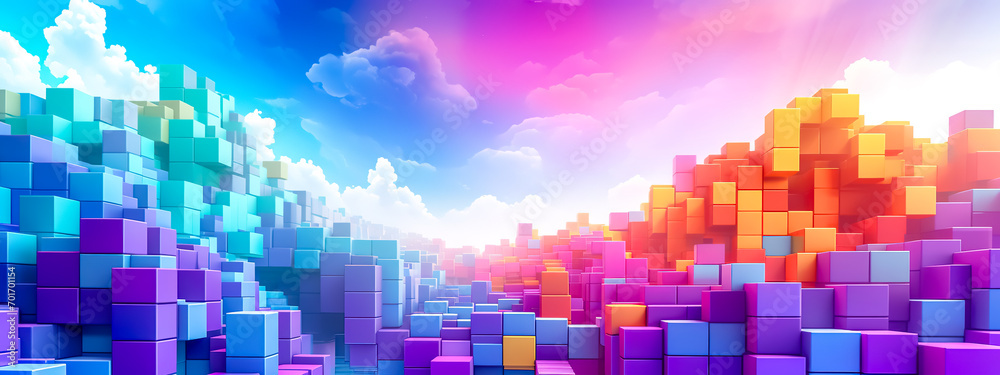 digital art piece resembling a landscape built from Tetris-like blocks ...