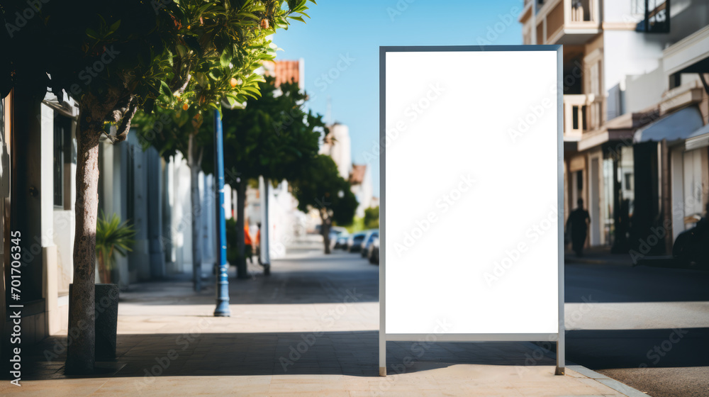Sunny street view with a standalone billboard mockup and shadow play ...