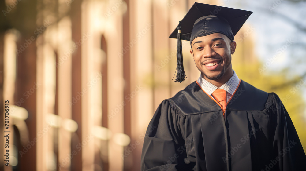 Black graduate, university hall backdrop. Tradition and education ...