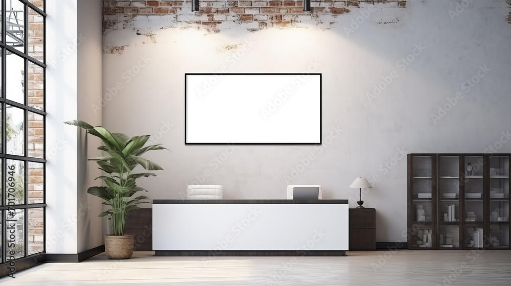 Minimalist office lobby with brick wall and large window. Modern design ...