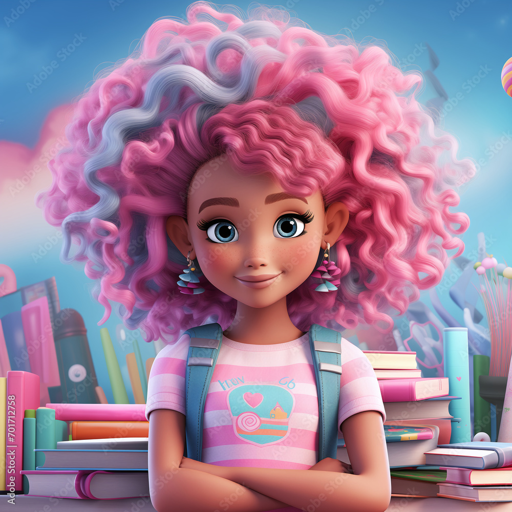 3D art illustration of african american cute little girl with pink hair ...