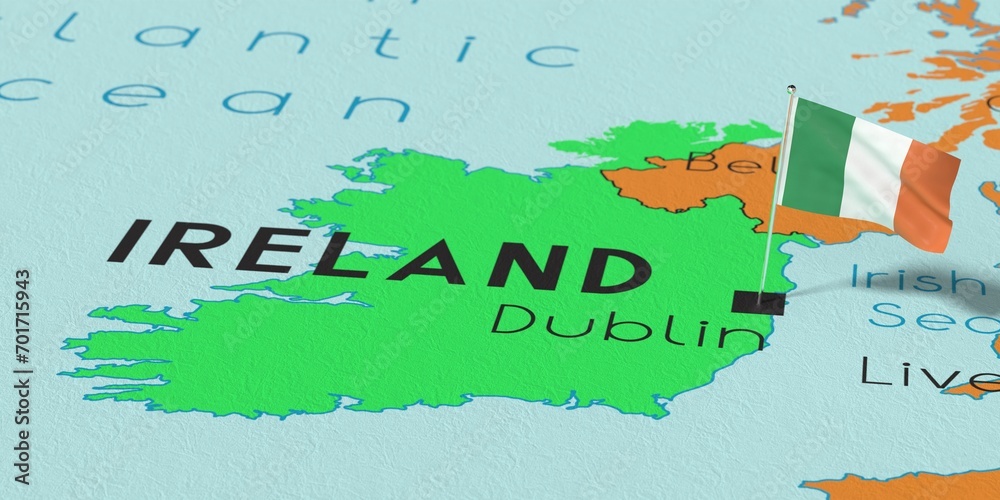 Ireland, Dublin - national flag pinned on political map - 3D ...