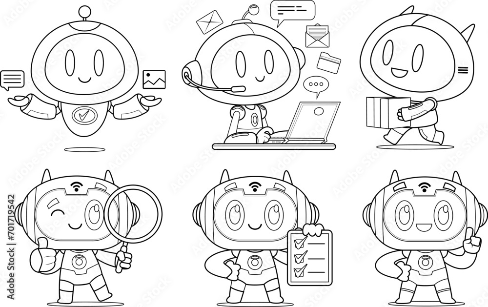 Outlined Funny AI Robot Chat Bot Cartoon Characters. Vector Hand Drawn ... Outlined Funny AI Robot Chat Bot Cartoon Characters. Vector Hand Drawn ...