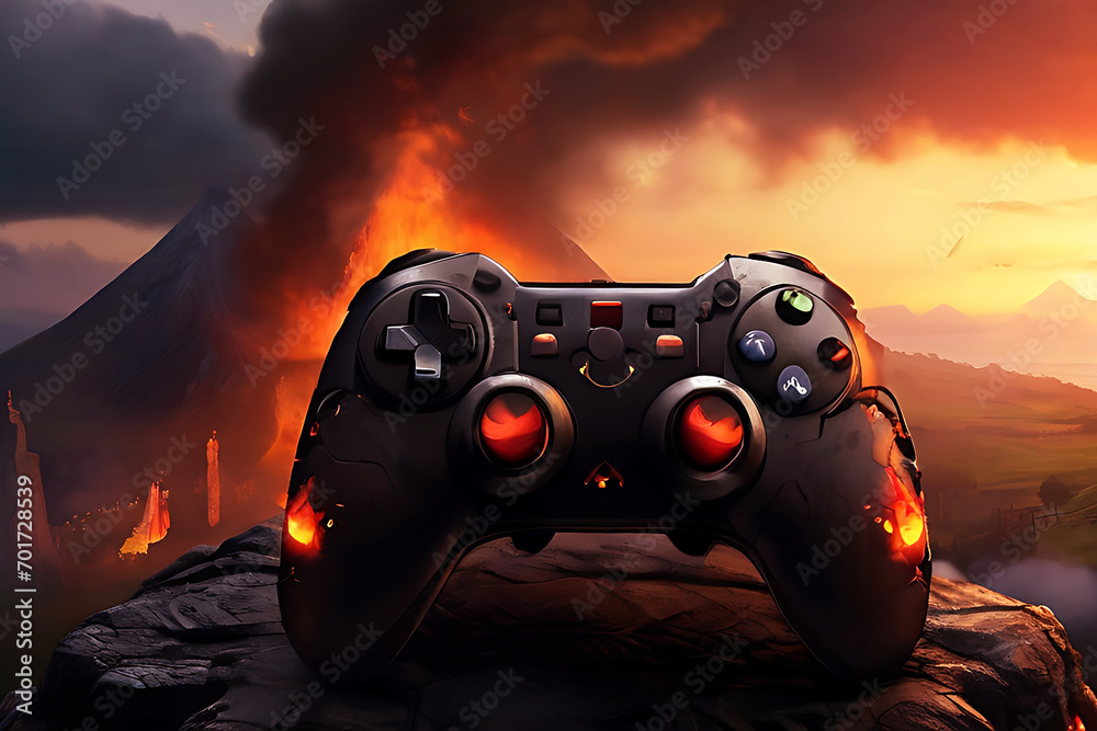 Video game controller with fire and epic medieval volcano in the ...