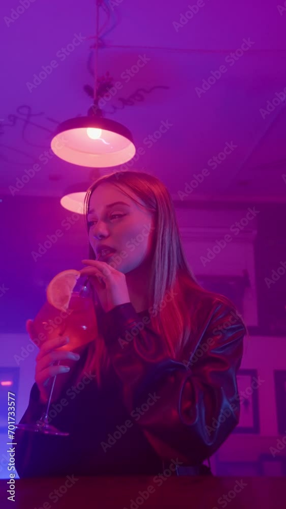 Cute Happy Blonde Girl Sitting at the Bar Counter in a Nightclub ...