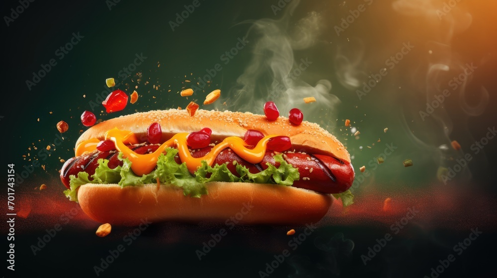 Hot dog with flying ingredients and spices hot ready to serve and eat ...