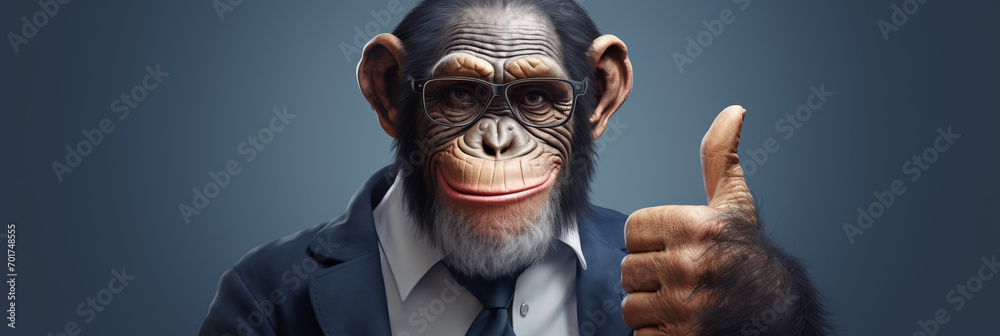 Chimp monkey businessman giving thumbs up. in a stylish classic suit in ...
