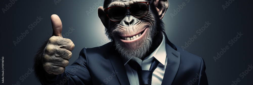 Chimp monkey businessman giving thumbs up. in a stylish classic suit in ...