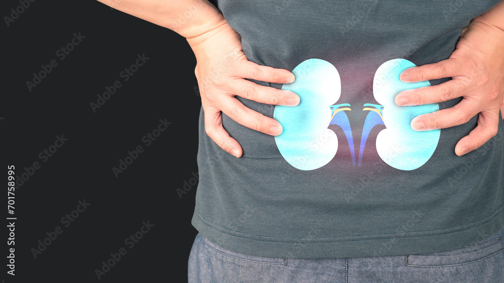 Foto de Man suffering from low back pain with kidney anatomy shape ...