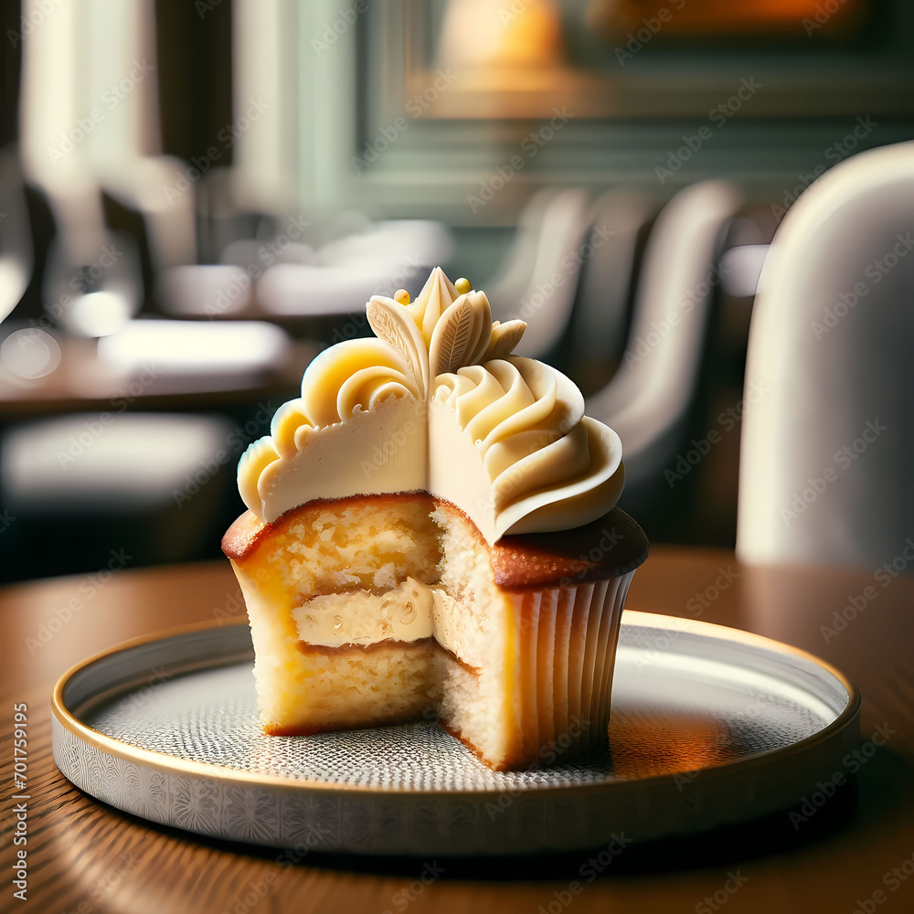 A beautifully plated half-eaten cupcake in a restaurant setting. The ...