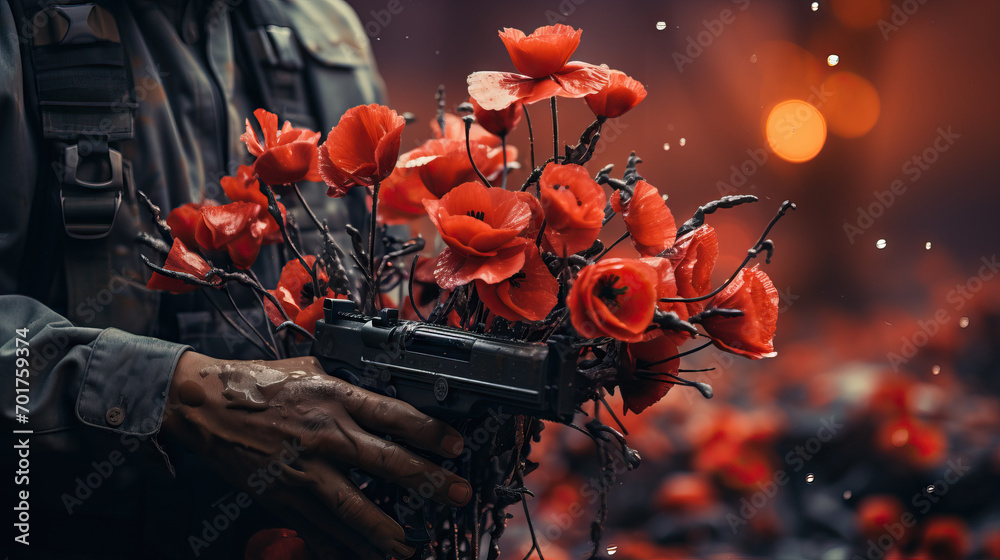 Soldier's Hands Clasping a Gun and a Single Wild Red Poppy Flower. A ...