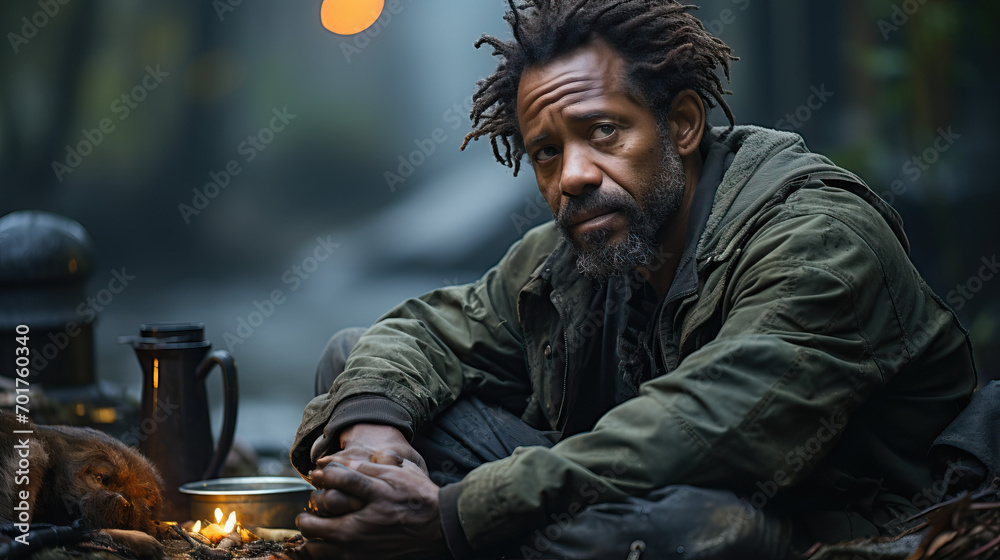 Portrait of an Elderly African American Homeless Man Sitting on the ...