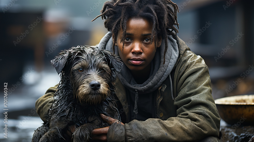 African American Homeless Woman Sitting on the Street, Sharing Her Meal ...