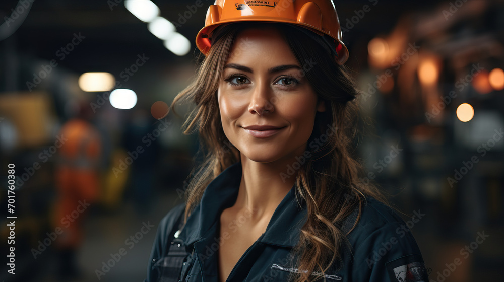 Portrait of a Woman in Industrial Maintenance Attire, Wearing a Safety ...