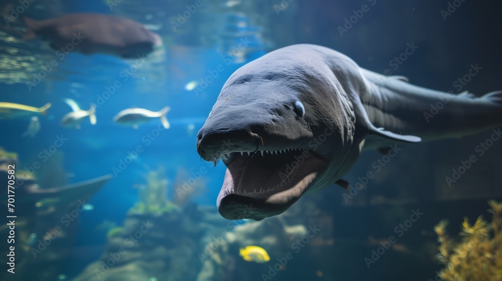 An ancient fish, resembling a great leviathan, opens its large mouth ...