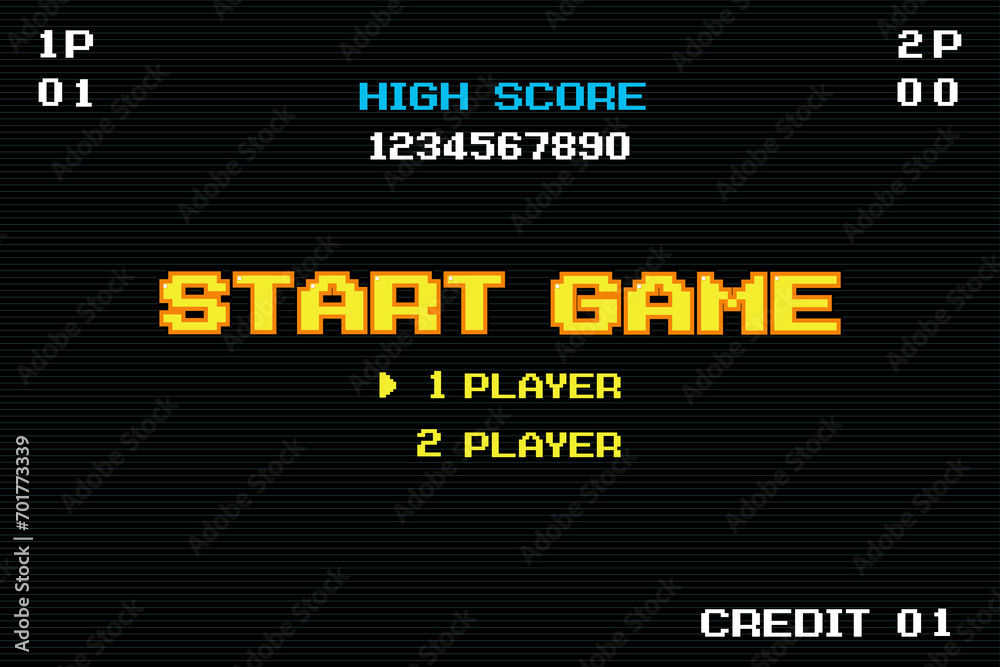 Vecteur Stock START GAME 1 player .pixel art .8 bit game. retro game ...