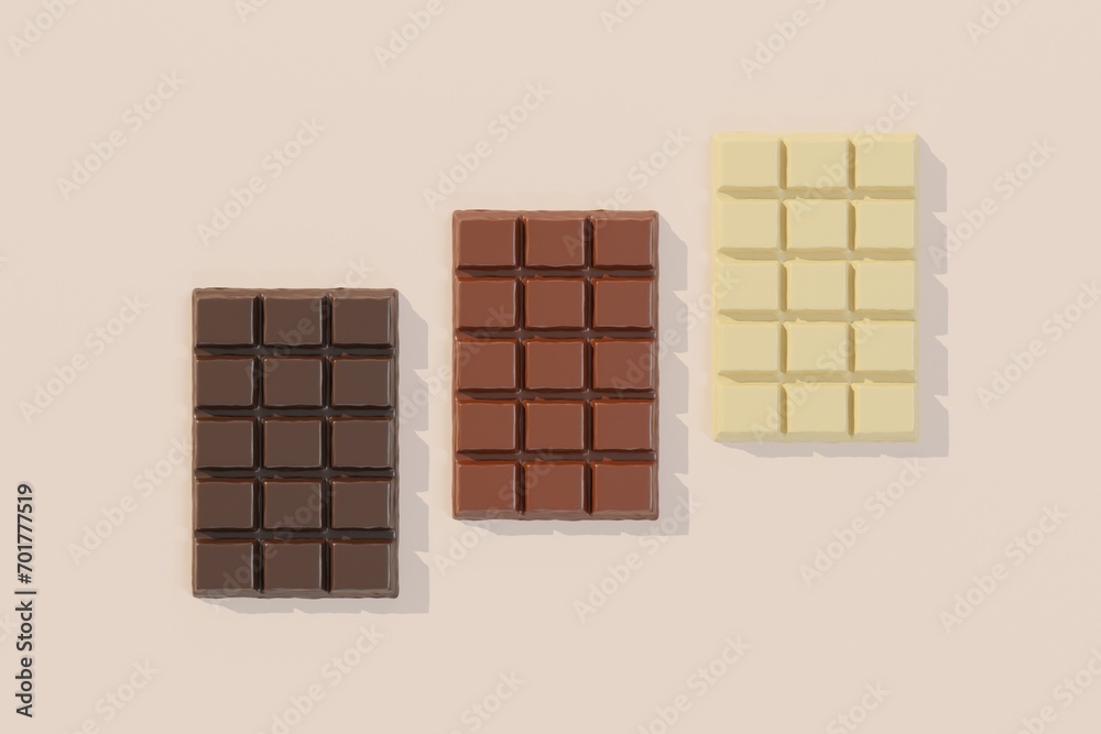 3D top view illustration of milk chocolate, white chocolate and dark ...