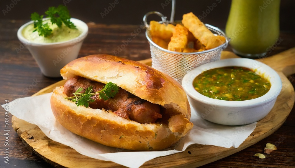 Argentinian typical/traditional dish, ''choripan'' with ''chimichurri ...