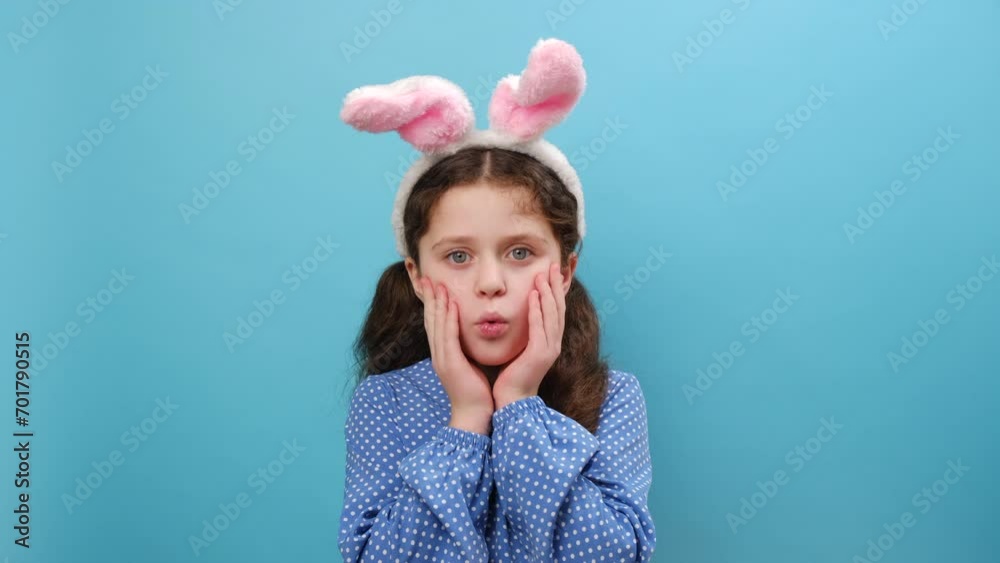 Portrait Of Preteen Girl Kid Wearing Cute Easter Bunny Ears Afraid And