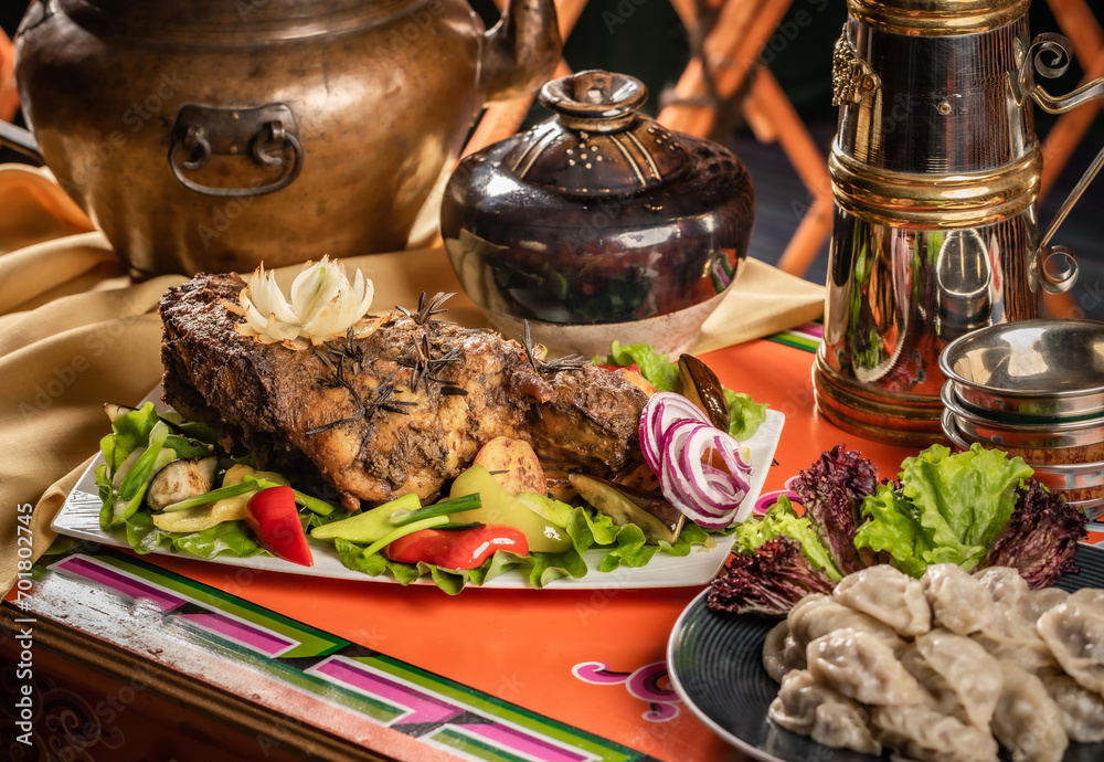 Tsagaan Sar table with Mongolian food, mongolian national food, uvchu ...