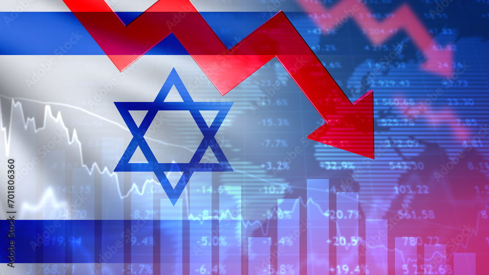 Financial crisis in Israel. Down arrow near national flag. Graph shows ...