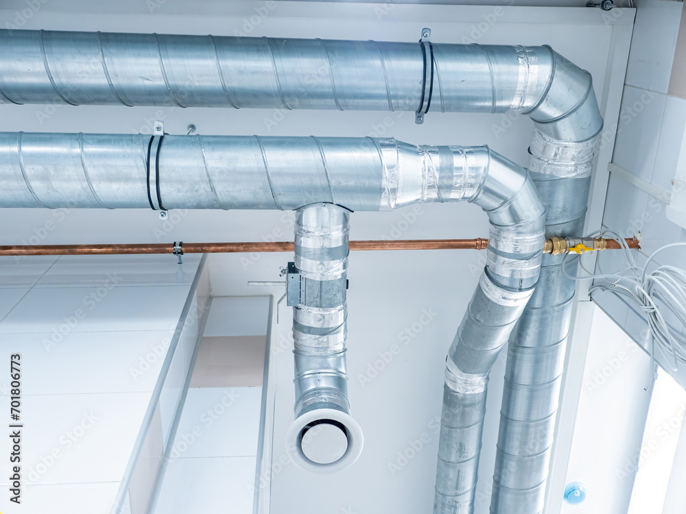 Industrial ventilation in room. Room with pipes for air purification ...