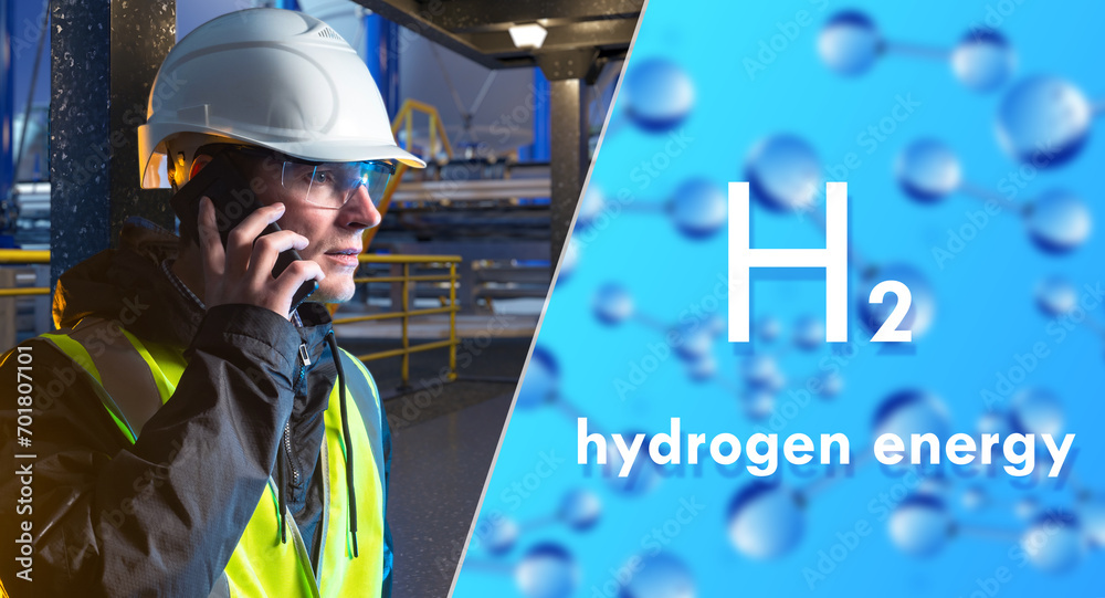 Hydrogen energy. Man technologist with phone. H2 logo near hydrogen ...