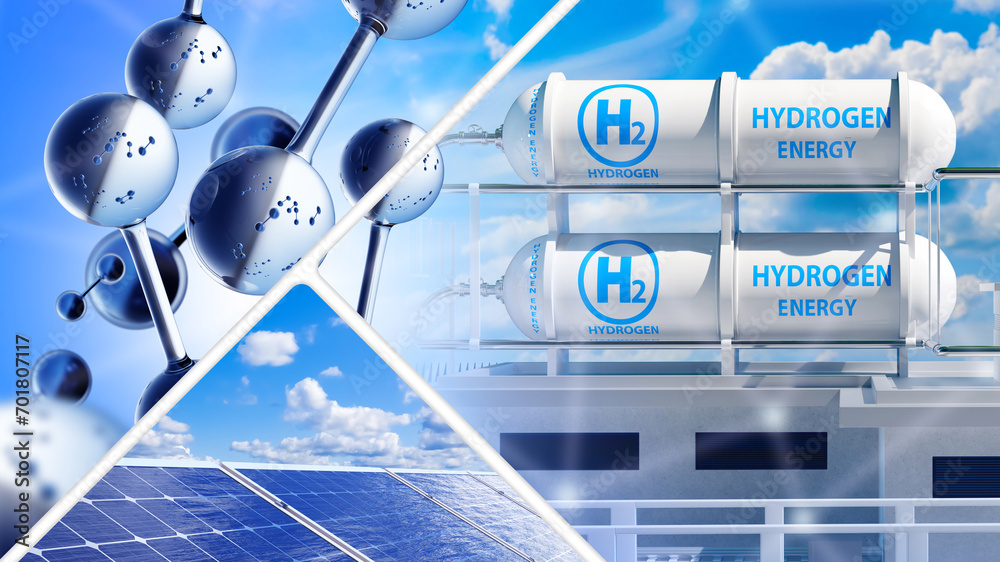 Hydrogen energy. Industrial tanks with H2 logo. Hydrogen factory in ...