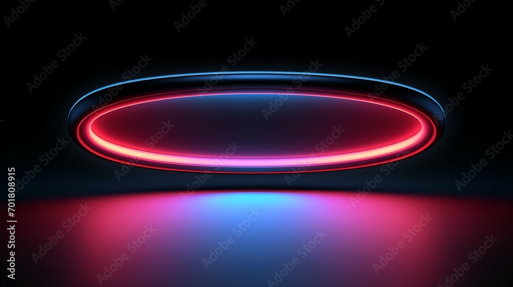 Neon ellipse background. Glowing spiral cover. Empty scene. Neon ring ...
