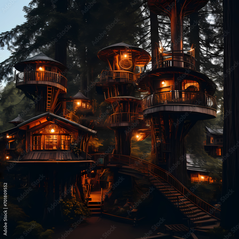 Treehouse village in a giant redwood forest. Stock Illustration | Adobe ...