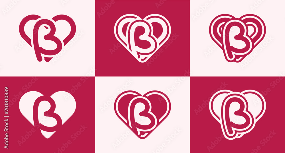 Set of heart logo with initial letter B. This logo combines letters and ...
