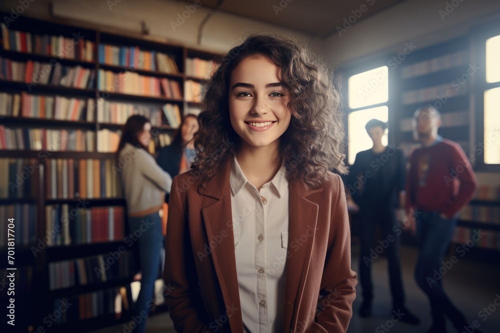 portrait of a happy female gen z high school student in the library ...