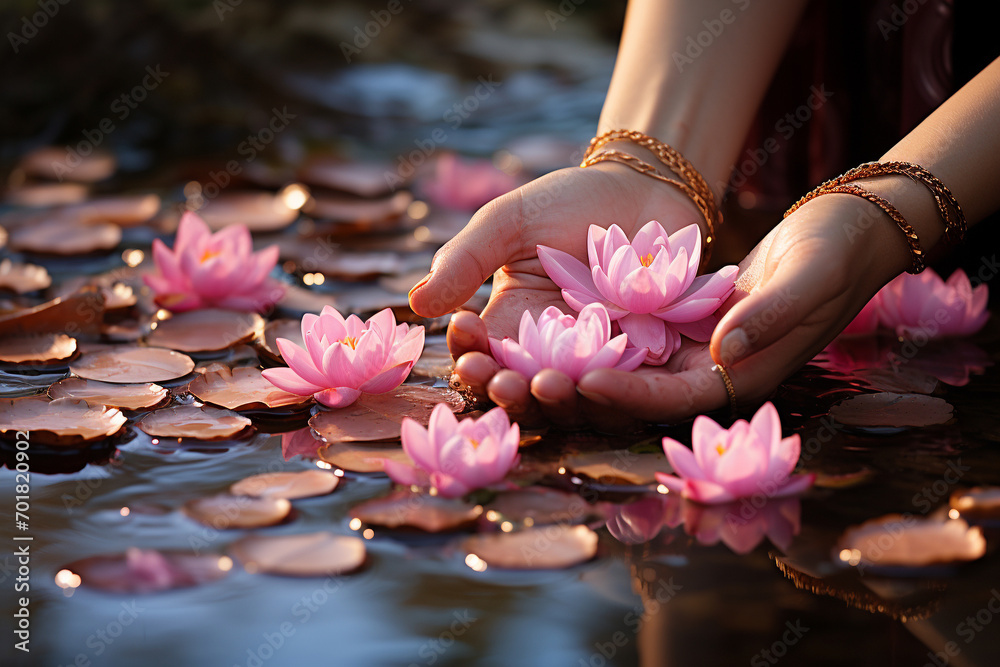 Fingers carefully lift lotus flowers onto crystal clear water of pond ...