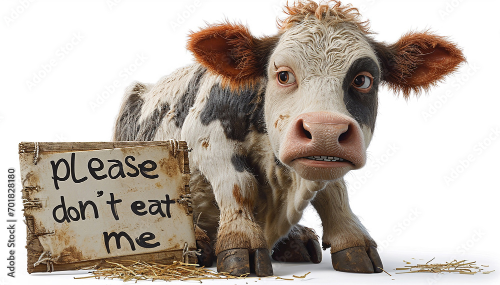 Cute sad cow by sign with the text "please don't eat me'' Cross Cut of ...