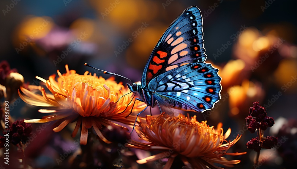 butterfly on flower. blue butterfly landing on a flower. closeup of a ...