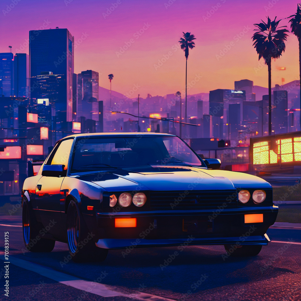 Ai renders a Cyberpunk photo of a 1980s retro car neon purple driving ...