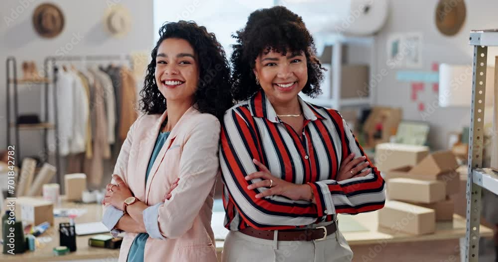 Designer women, arms crossed and teamwork in workshop with face, pride ...