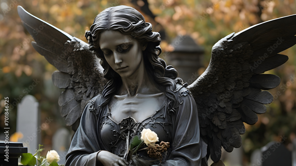 Sculpture of an angel with wings at a funeral in a cemetery near a ...