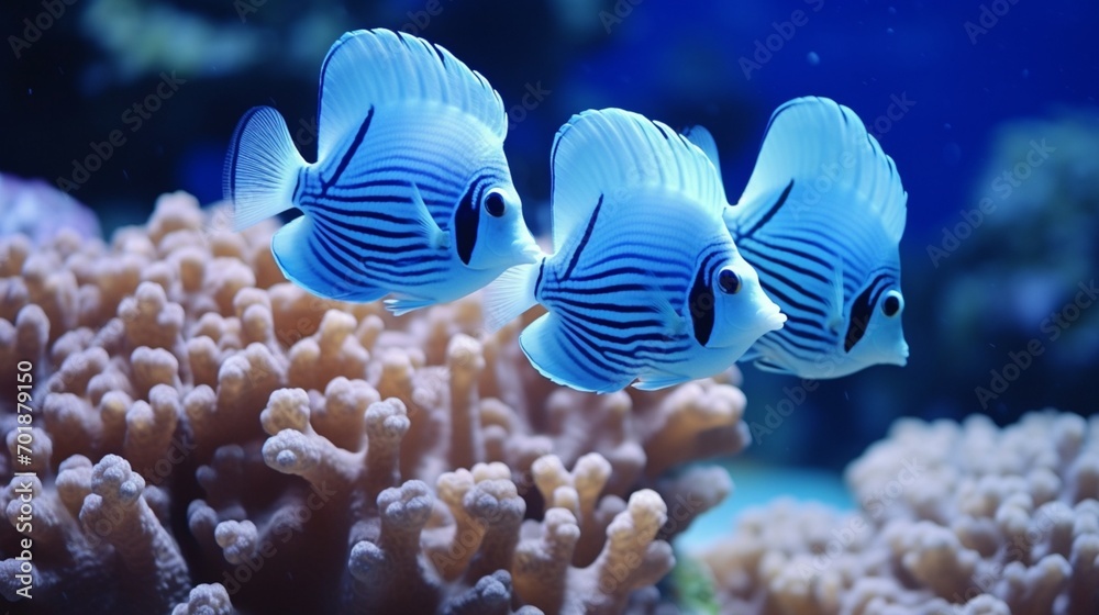 A pair of Powder Blue Tangs in a synchronized dance, their tails ...